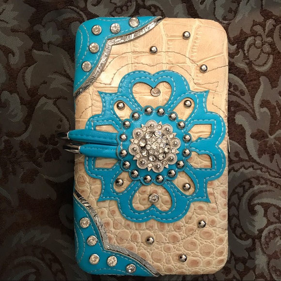 Bags | New Bling Wallet Tan And Turquoise | Poshmark
